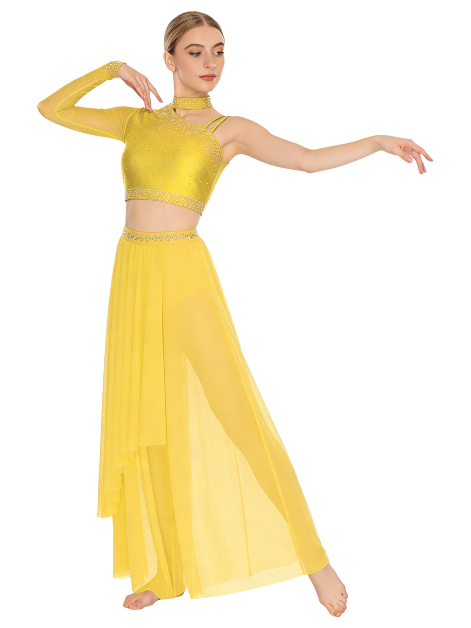 iixpin Women Lyrical Dance Costumes Rhinestone Crop Tops and Loose Leg ...