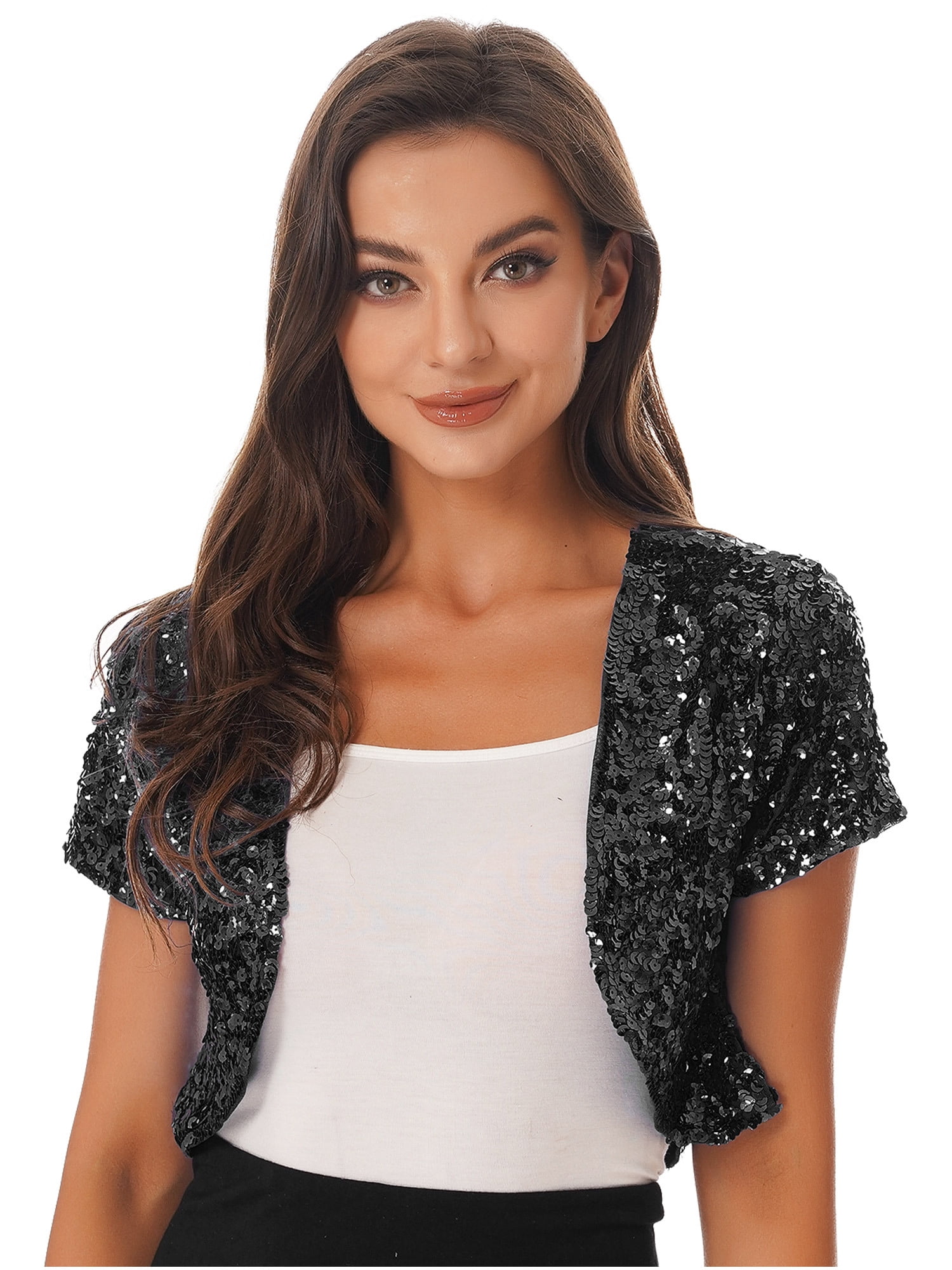 iixpin Womens Shining Sequined Cropped Length Open Front Bolero Shrug ...