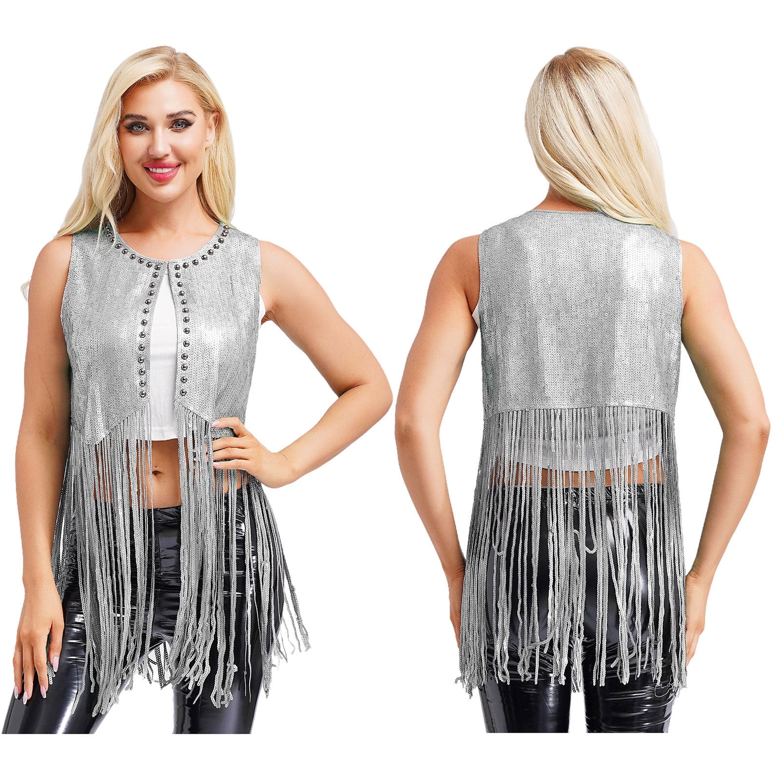 iixpin Womens Sparkly Sequin Vest Tassel Jacket Rivets Western Coat ...