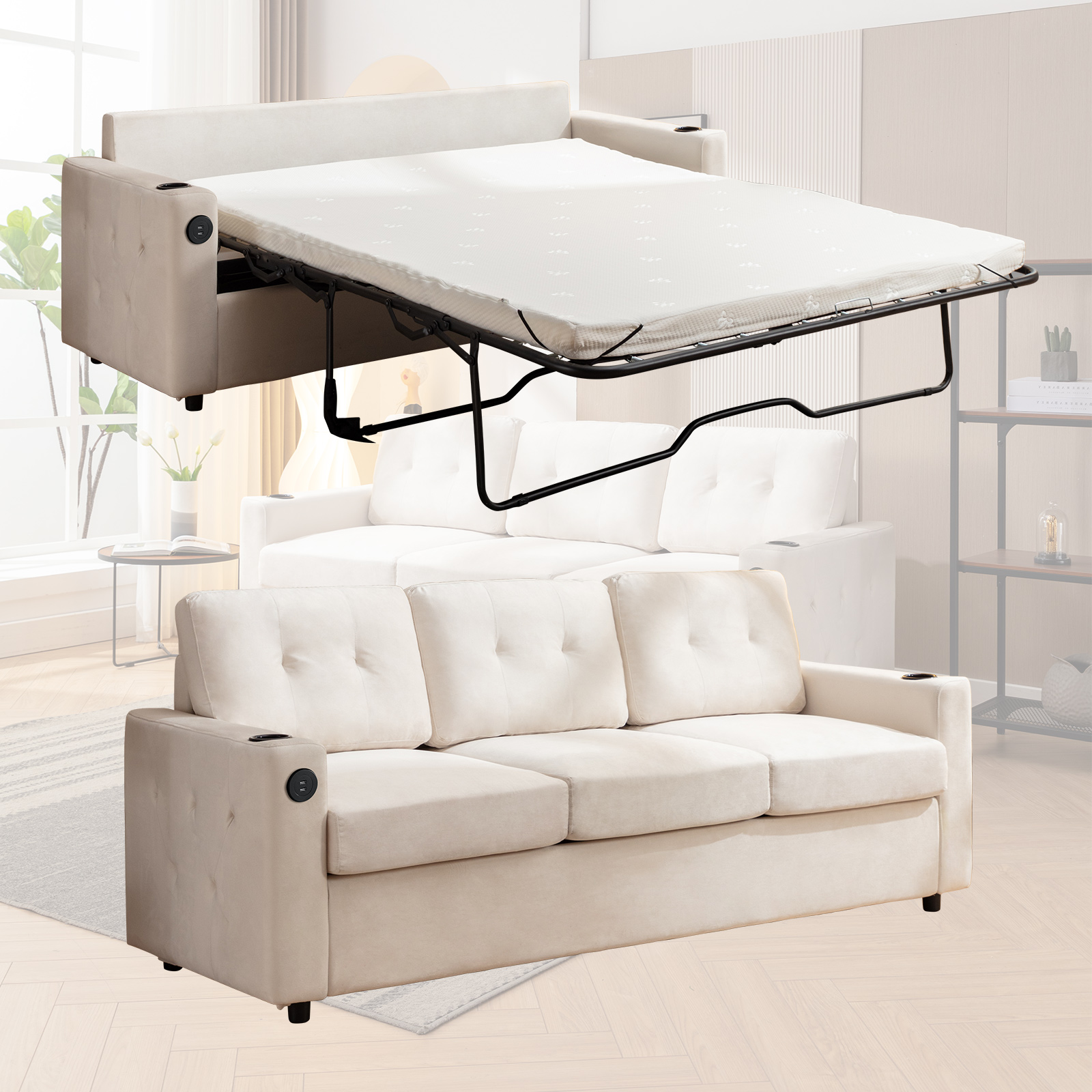 ijuicy 2 in 1 Pull Out Couch Bed, Convertible Sleeper Sofa Queen Size ...