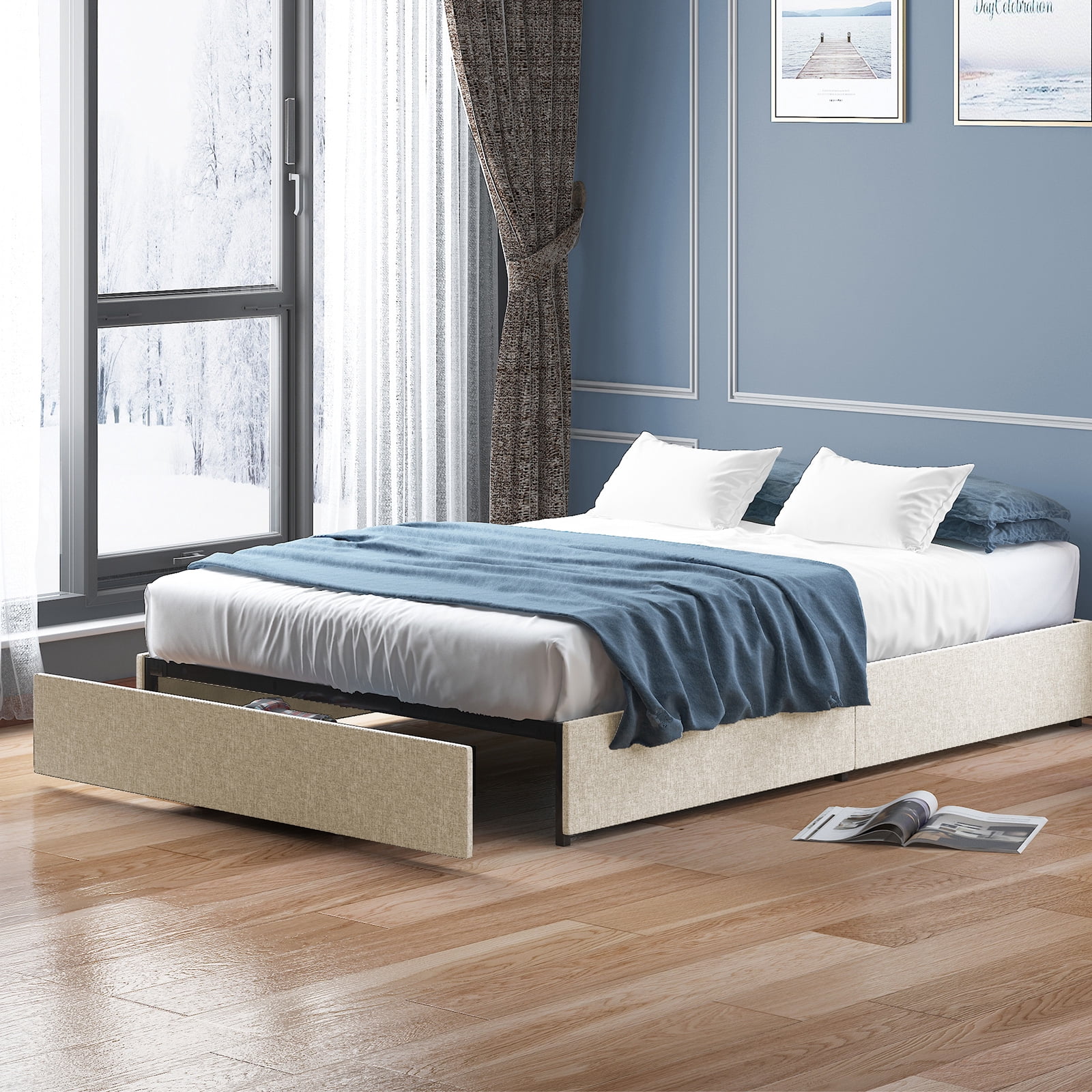 ijuicy Full Size Upholstered Bed Frame with Storage Drawers, Wooden ...