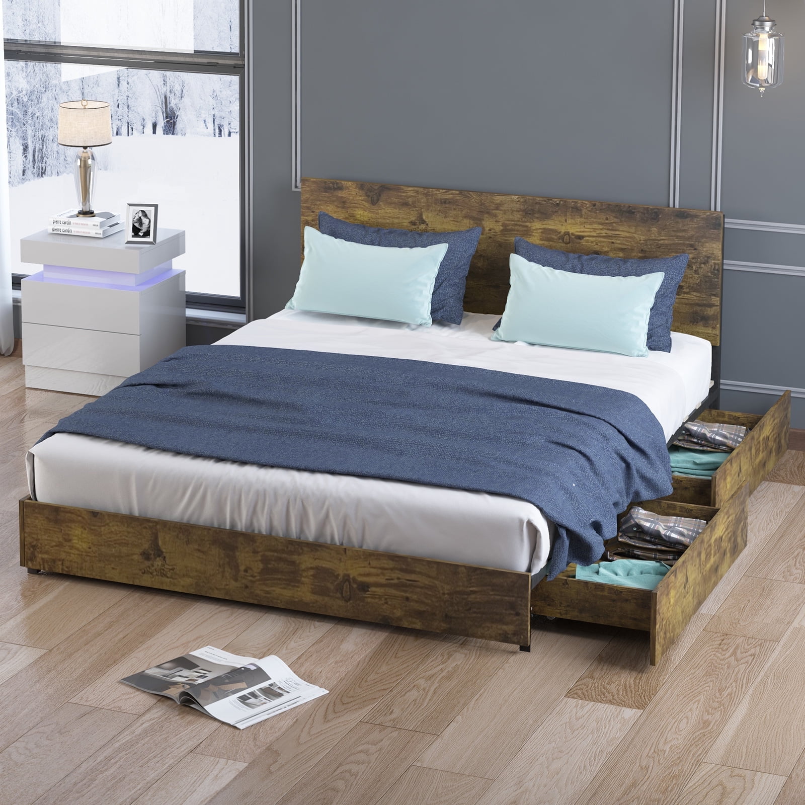 ijuicy King Size Bed Frame with 4 Storage Drawers, Wooden Headboard and ...
