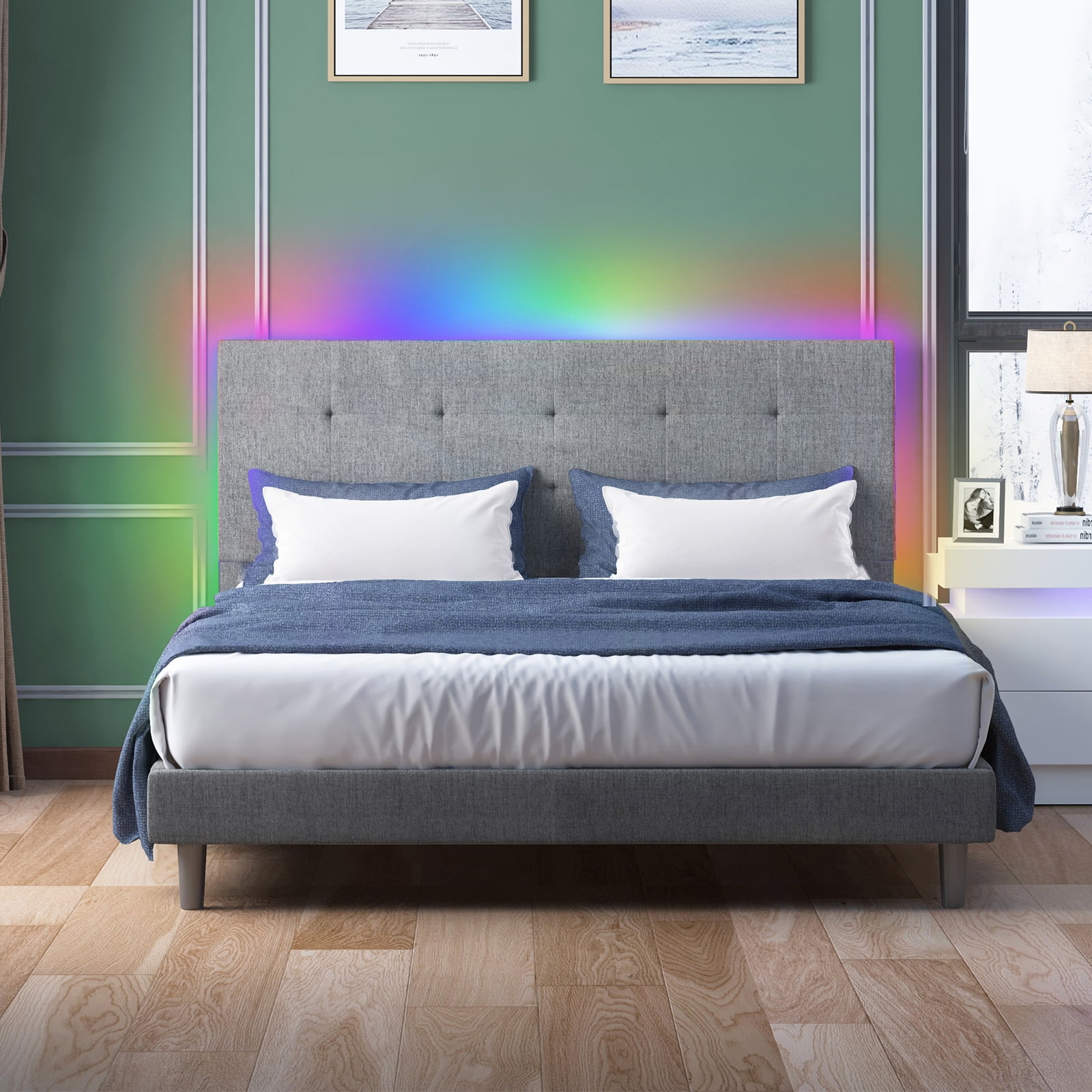 ijuicy King Size Bed Frame with Smart RGB LED Lights Button Tufted Bed ...