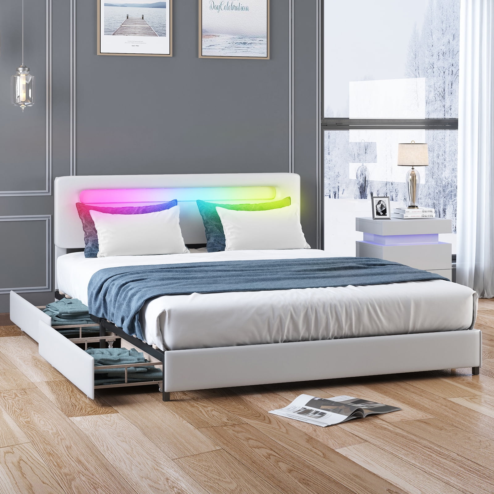 ijuicy LED Bed Frame Queen Size with Adjustable LED Lights Headboard ...