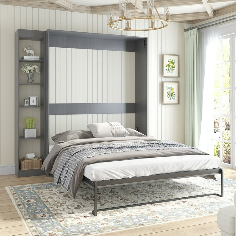 ijuicy Murphy Bed with 1 Side Cabinet Foldable Wall Bed for Bedroom Fold Up Murphy Cabinet Bed Queen Size Murphy Chest Bed Can Be Folded into a Cabinet Storage Bed For Home Office Studio