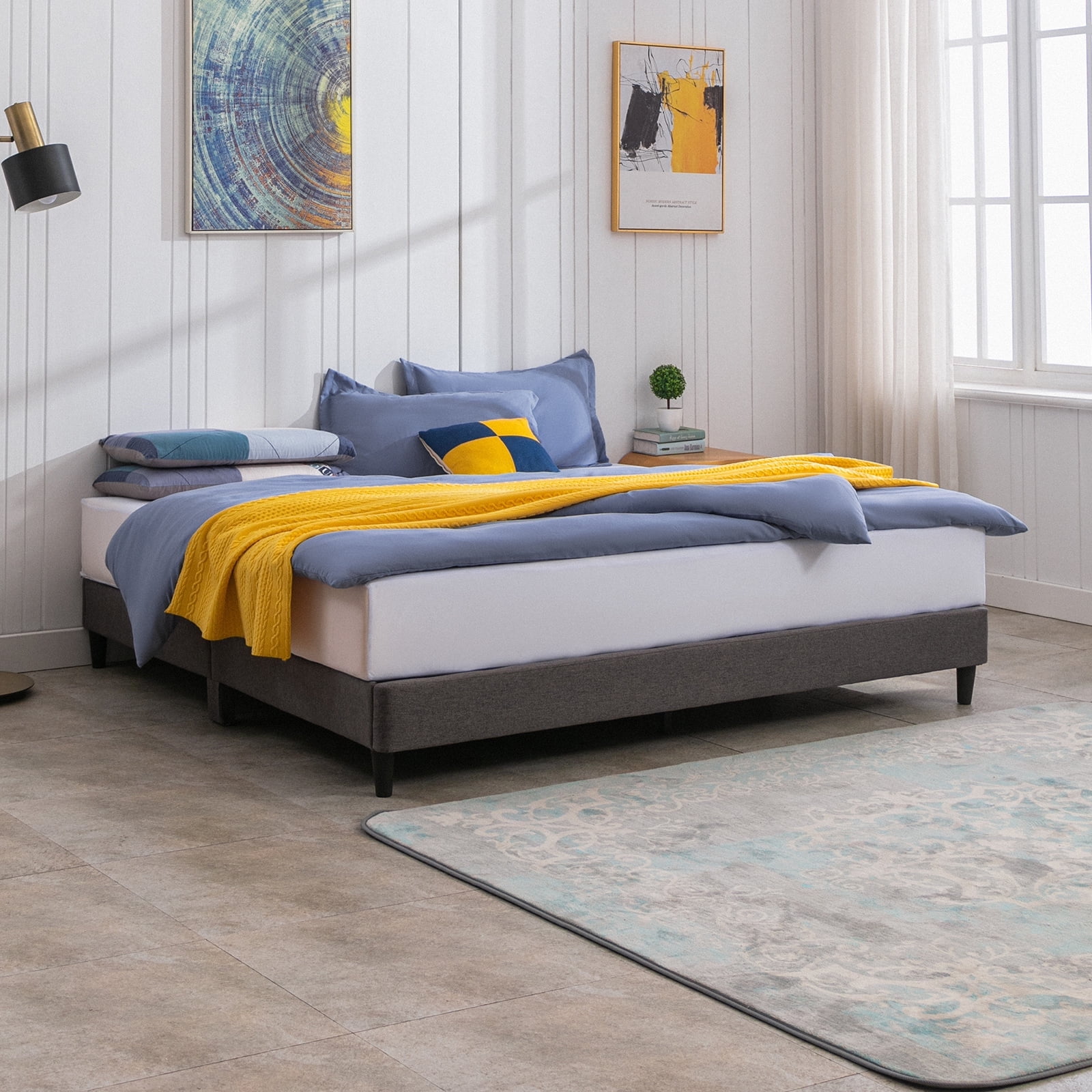 ijuicy Queen Bed Frame, Linen Upholstered, Wooden Slat Support, No Box ...