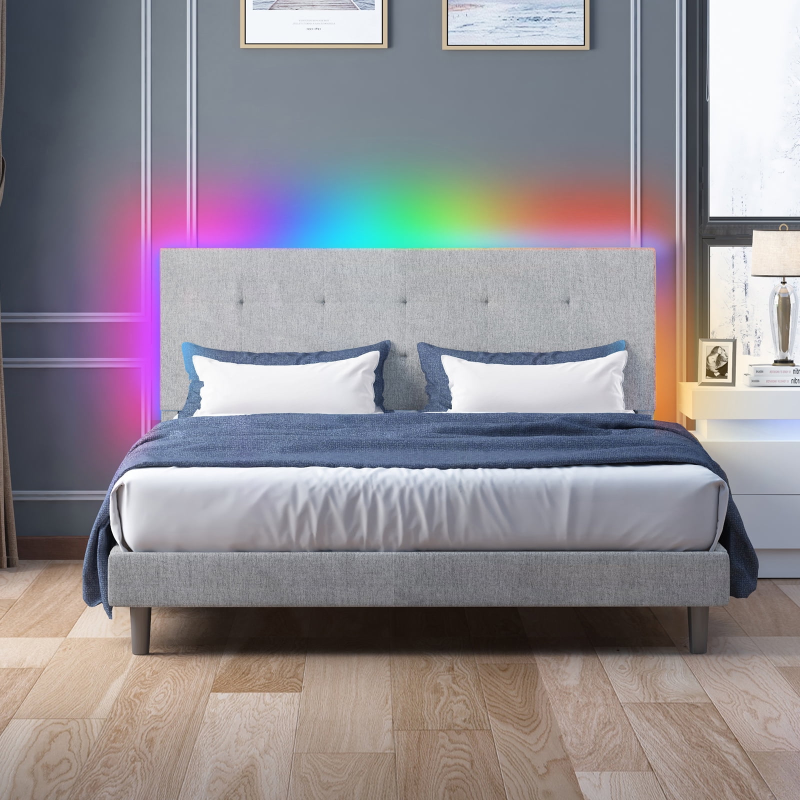 ijuicy Queen Size Bed Frame with Smart RGB LED Lights Button Tufted Bed ...