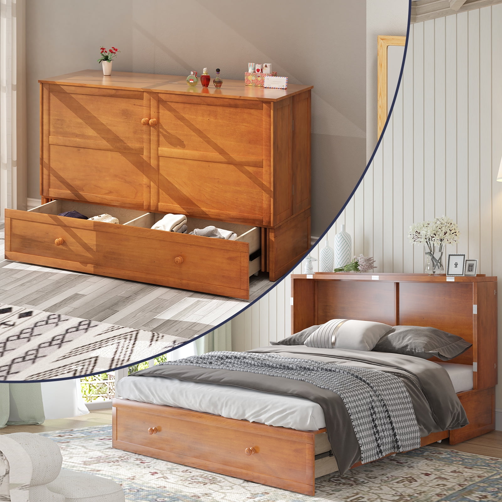 ijuicy Queen Size Murphy Bed Cabinet with Built-in Charging Station and Storage Drawer, Solid ...