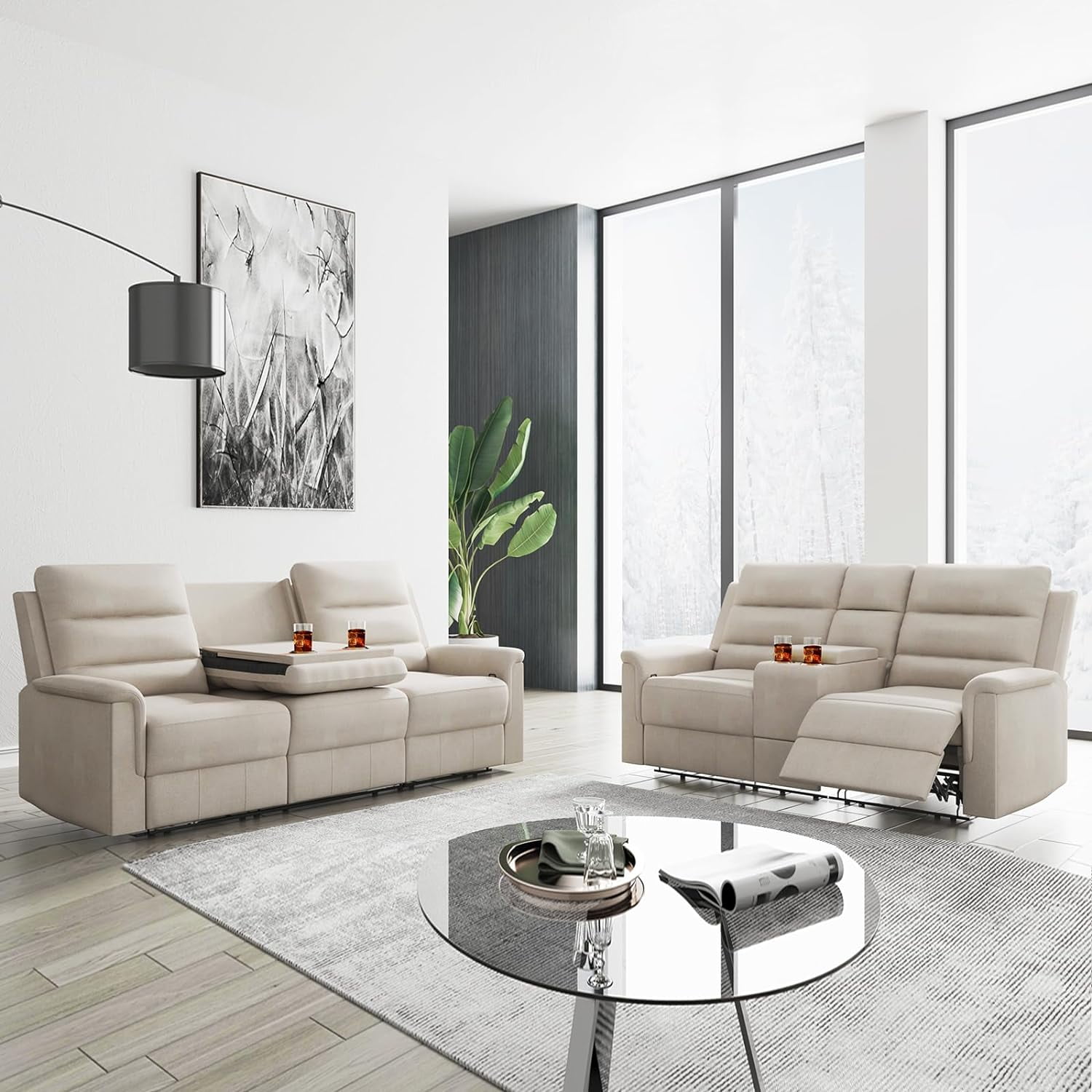 ijuicy Reclining Sofa Set, Sofa Recliner with 4 Cup Holders and Flipped ...