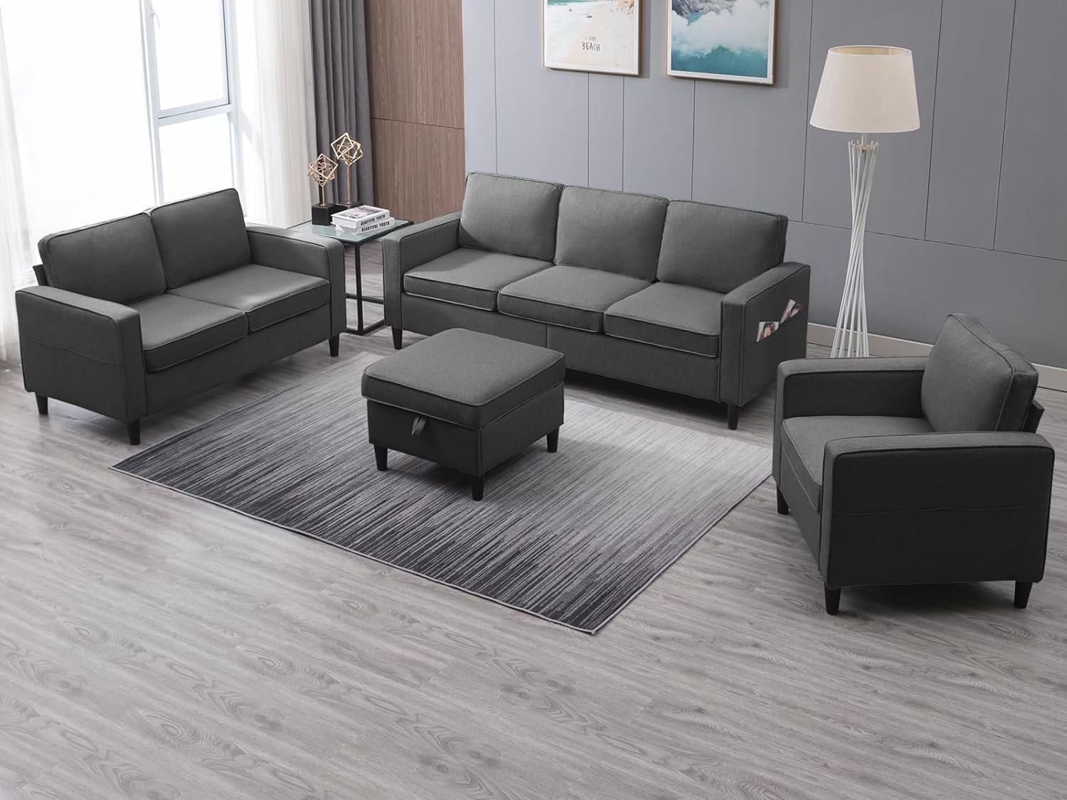 Sectional Sofa Set with Ottoman, U Shaped Linen Upholstered Living Room ...