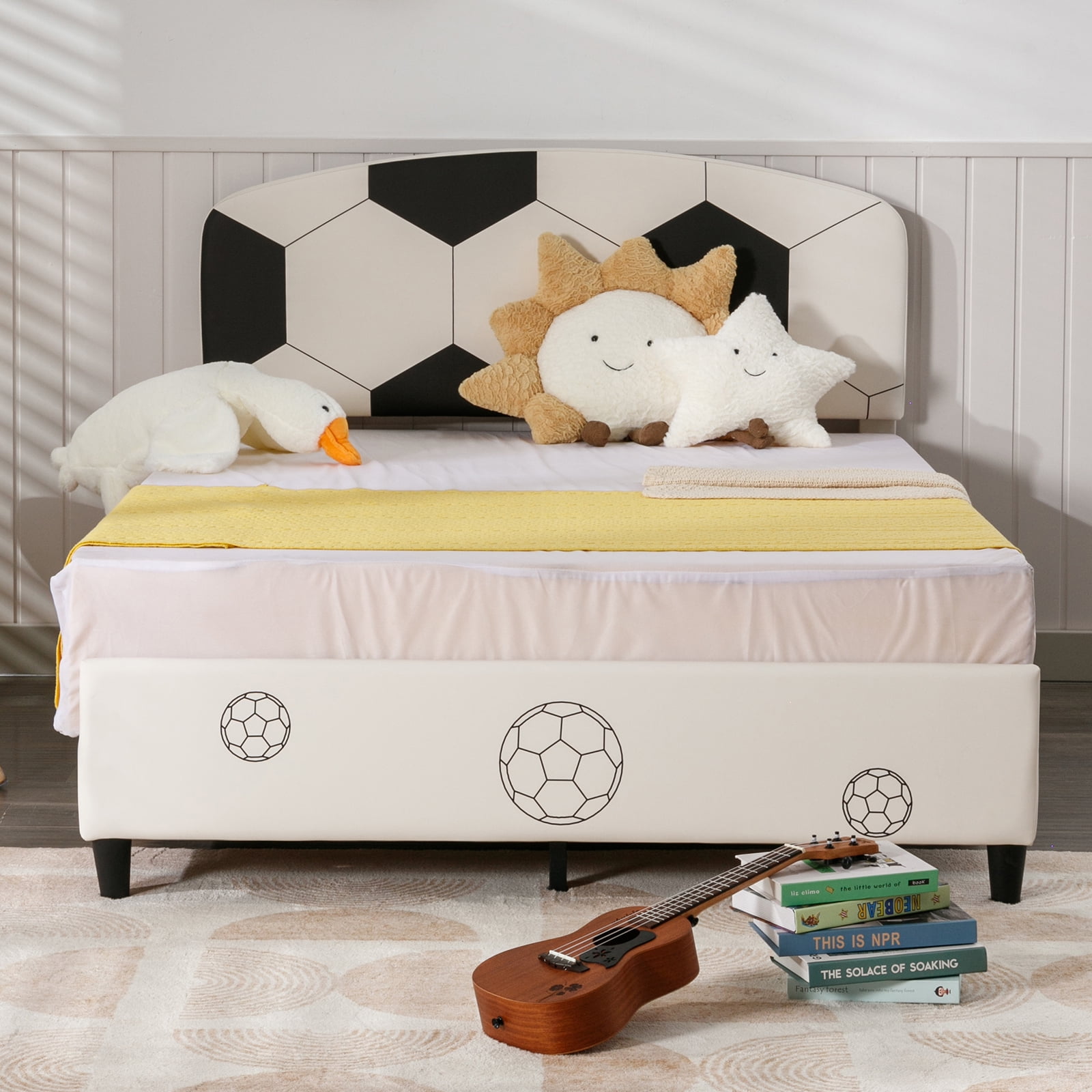ijuicy Twin Size Toddler Bed, Platform Bed Frame with Faux Leather ...