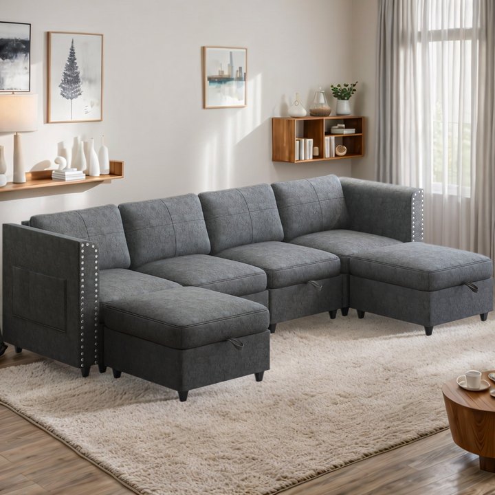 Large L-shaped Sectional Sofa with Storage Space, USB Ports, and Cup ...