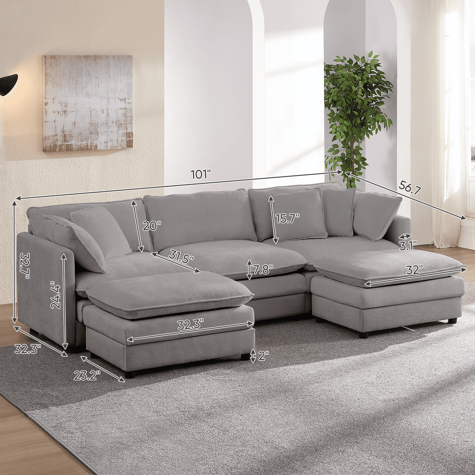 ijuicy 101'' U/L Shaped Sectional Sofa with Movable Ottomans, Modular Chenille Deep Seat Couches ...