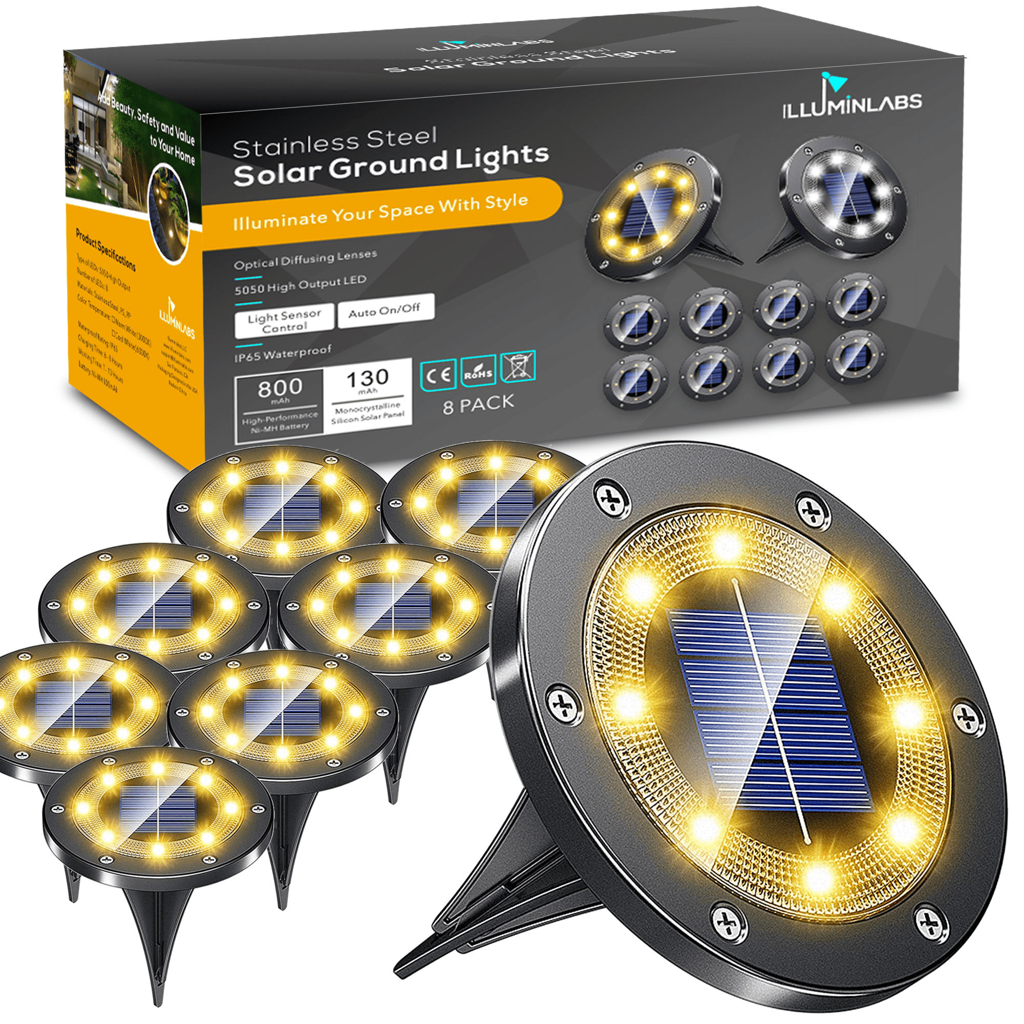 Illuminlabs Bright Solar Powered Disc Lights, 8-Pack, Pathway, Yard ...