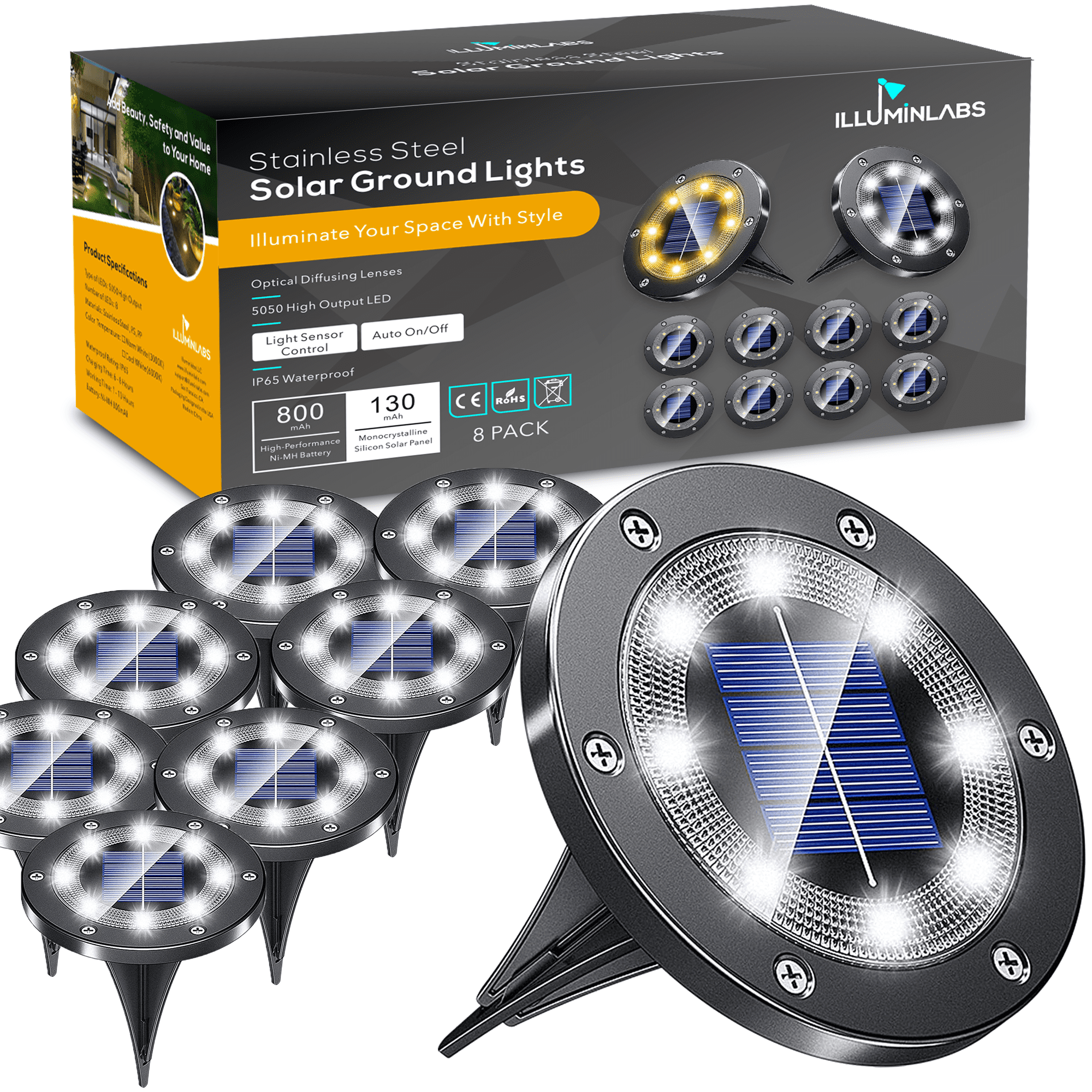 Illuminlabs Solar LED Disk Lights, 8-Pack Waterproof Outdoor Garden ...