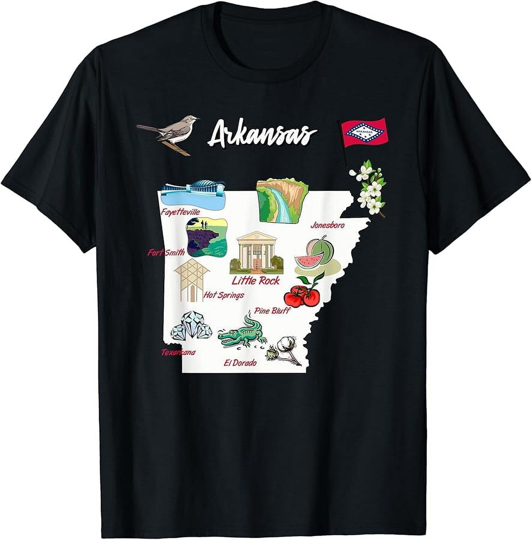 illustrated Map of Arkansas in US, major Cities, symbols T-Shirt ...