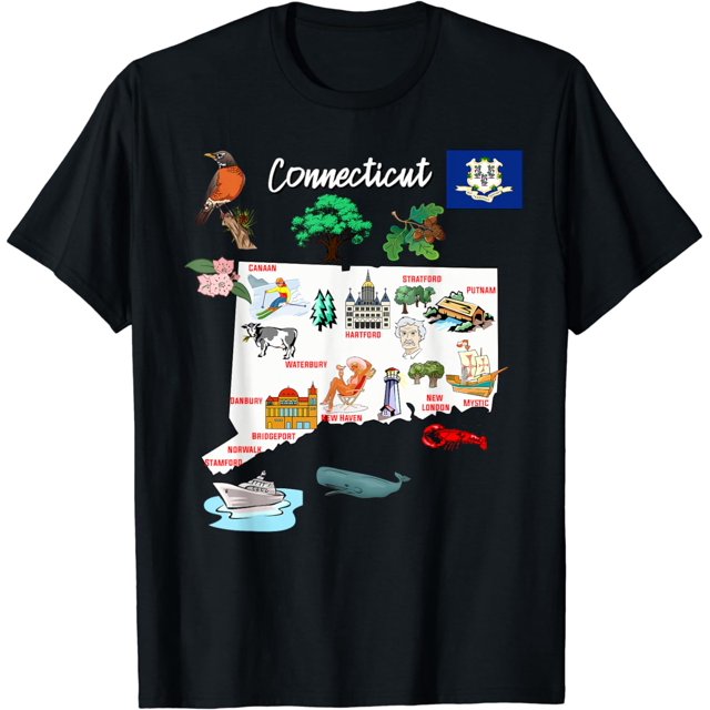 illustrated Map of Connecticut in US with Cities and symbols T-Shirt ...