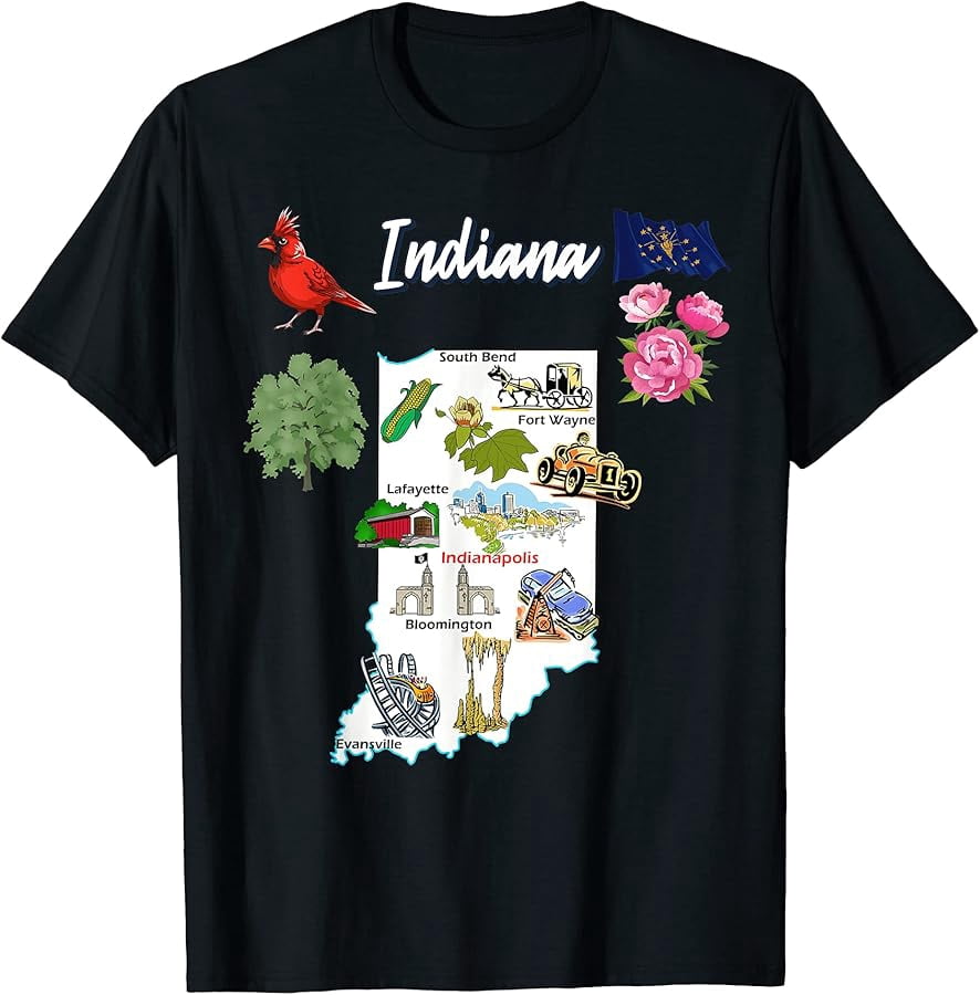 illustrated Map of Indiana state in US, Cities and symbols T-Shirt ...