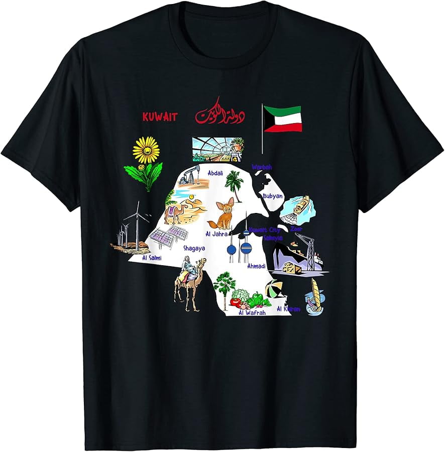 illustrated Map of Kuwait, landmarks, the major cities, flag T-Shirt ...