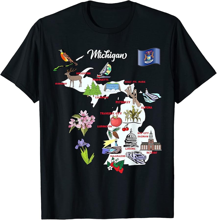 illustrated Map of Michigan in US with Cities and symbols T-Shirt ...