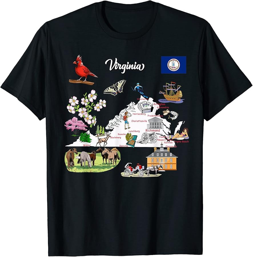 illustrated Map of Virginia State in US, Cities and symbols T-Shirt ...