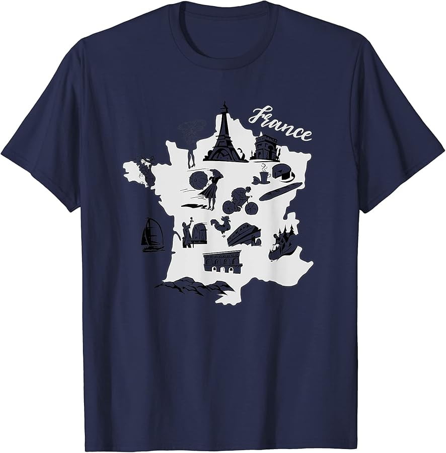 illustrated map of France, famous landmarks, French Culture T-Shirt ...