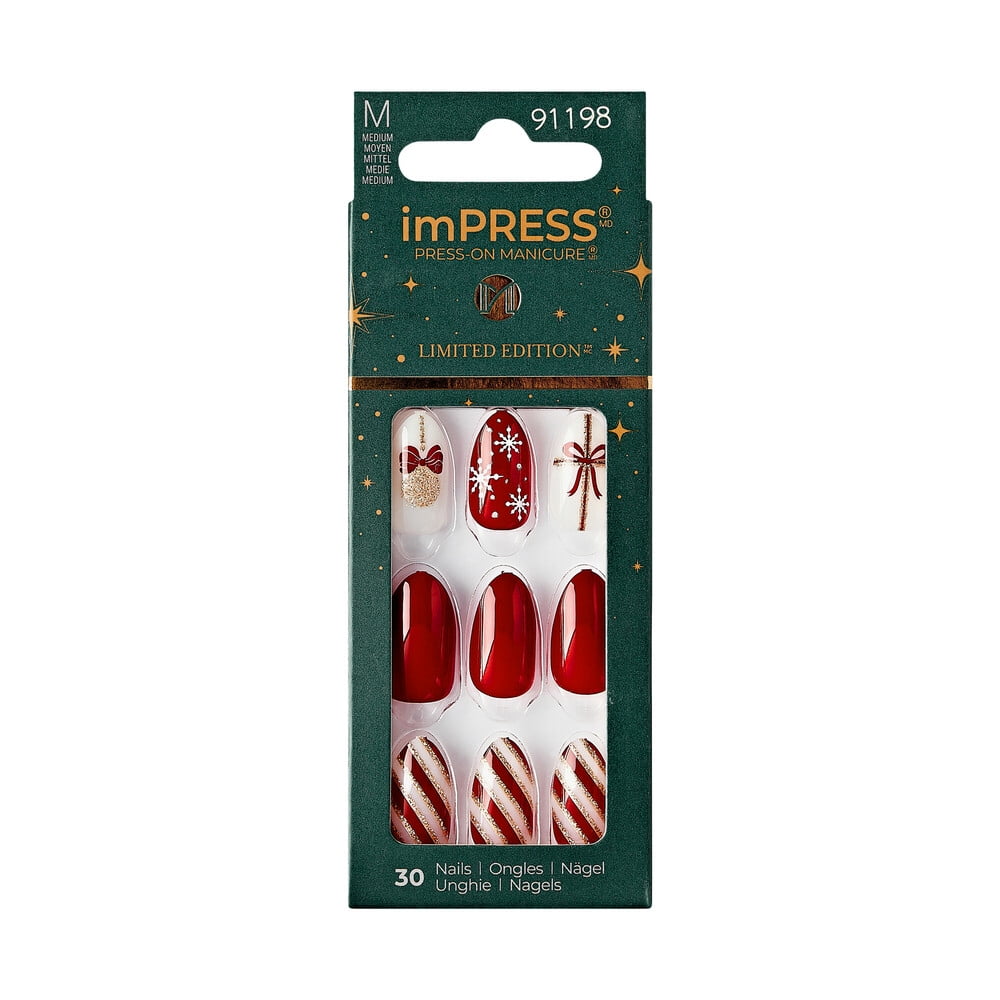imPRESS Holiday Press-On Nails,White Night, Red, Medium Length, Almond ...
