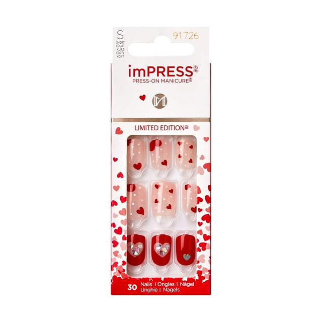 imPRESS Valentine Press-On Nails, No Glue Needed, Red, Short Square, 33 ...