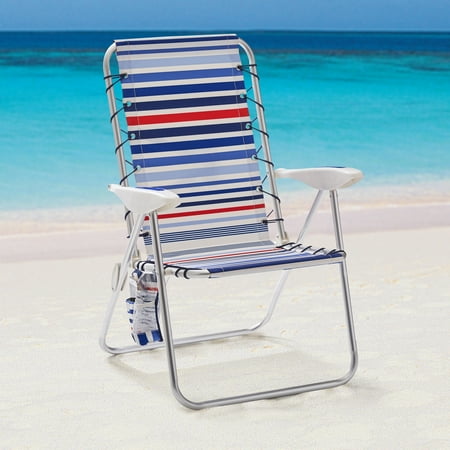Mainstays Aluminum Bungee Reclining Beach Chair with storage pockets Red White Blue Stripe BrickSeek