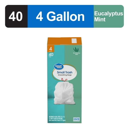 Great Value 4-Gallon Small Drawstring Trash Bags, Eucalyptus Mint Scent ...