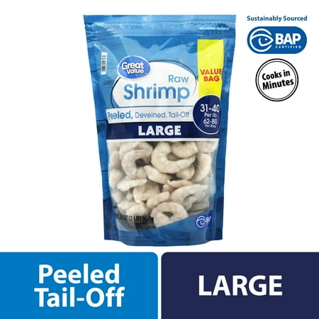 Great Value Frozen Raw Large Peeled & Deveined, Tail-off Shrimp, 2 lb ...