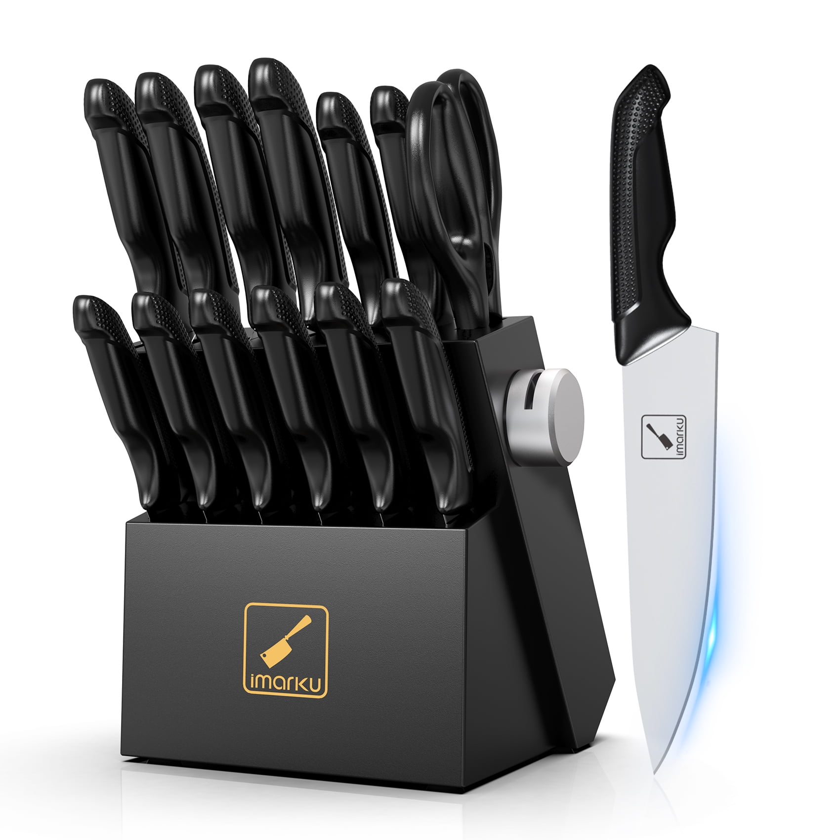 imarku Knife Set with Block, Sharp Knife Set with Built-in Sharpener ...