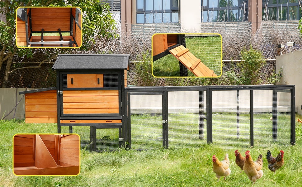 imerelez 113" Wooden Chicken Coop, Large Outdoor Hen House with Run and ...