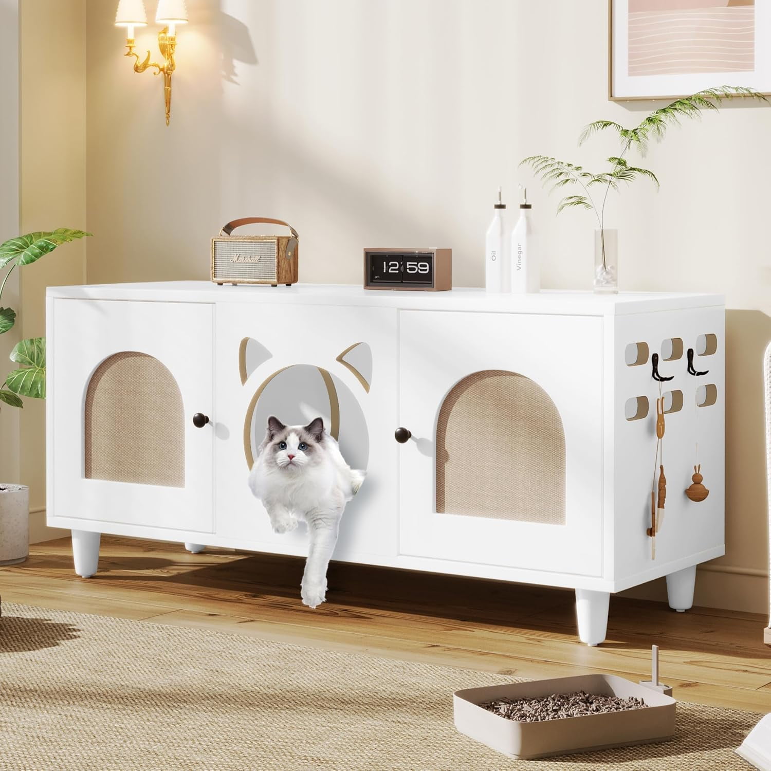 imerelez Cat Litter Box Enclosure with Sisal Scratching Door –3-in-1 ...