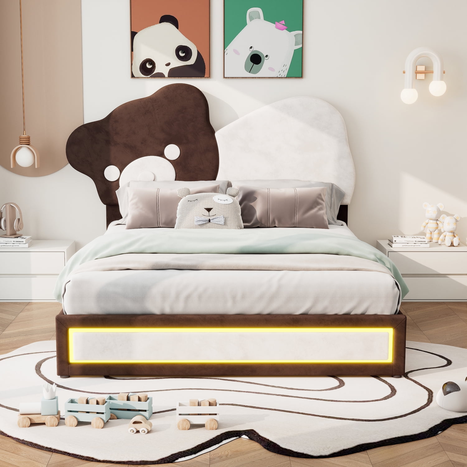 imerelez Full Size Upholstered Platform Bed with Bear Shaped Headboard ...