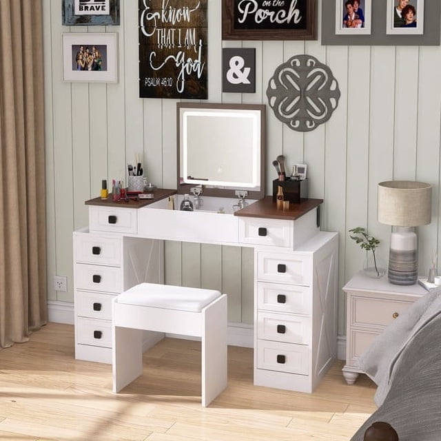imerelez Makeup Vanity Desk with Mirror White Vanity Lighted Mirror ...