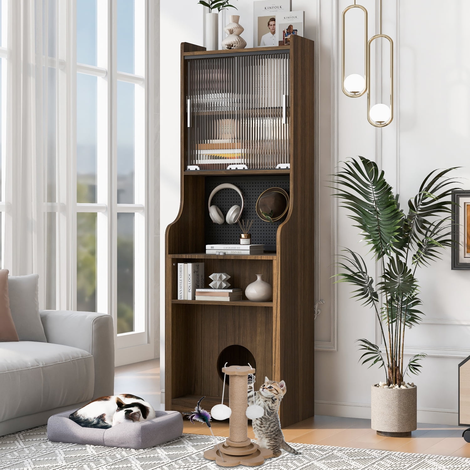 imerelez Mid-Century Modern Walnut Vintage Multi-Use Cabinet with Cat ...