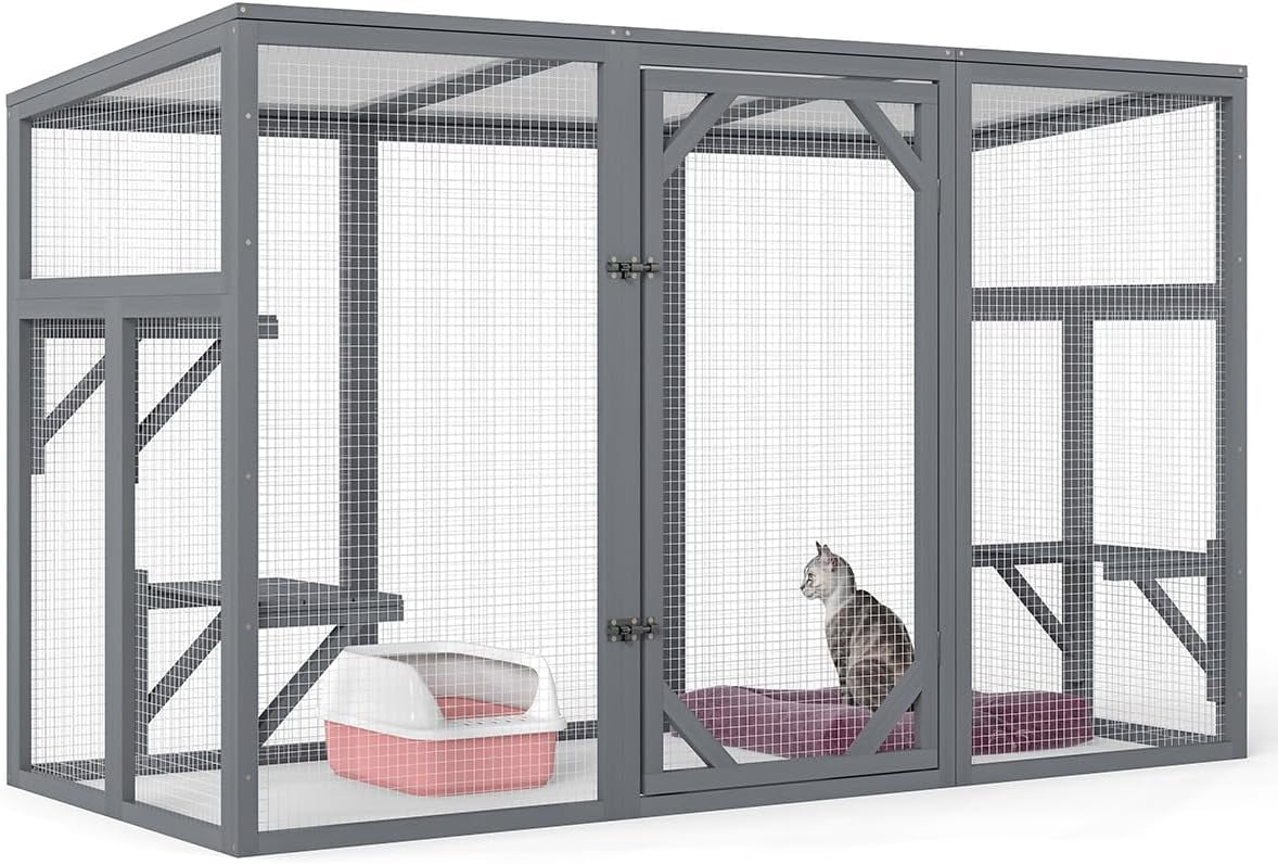 imerelez Outdoor Wood Cat Enclosure, Patio Cat Catio House with 3 ...