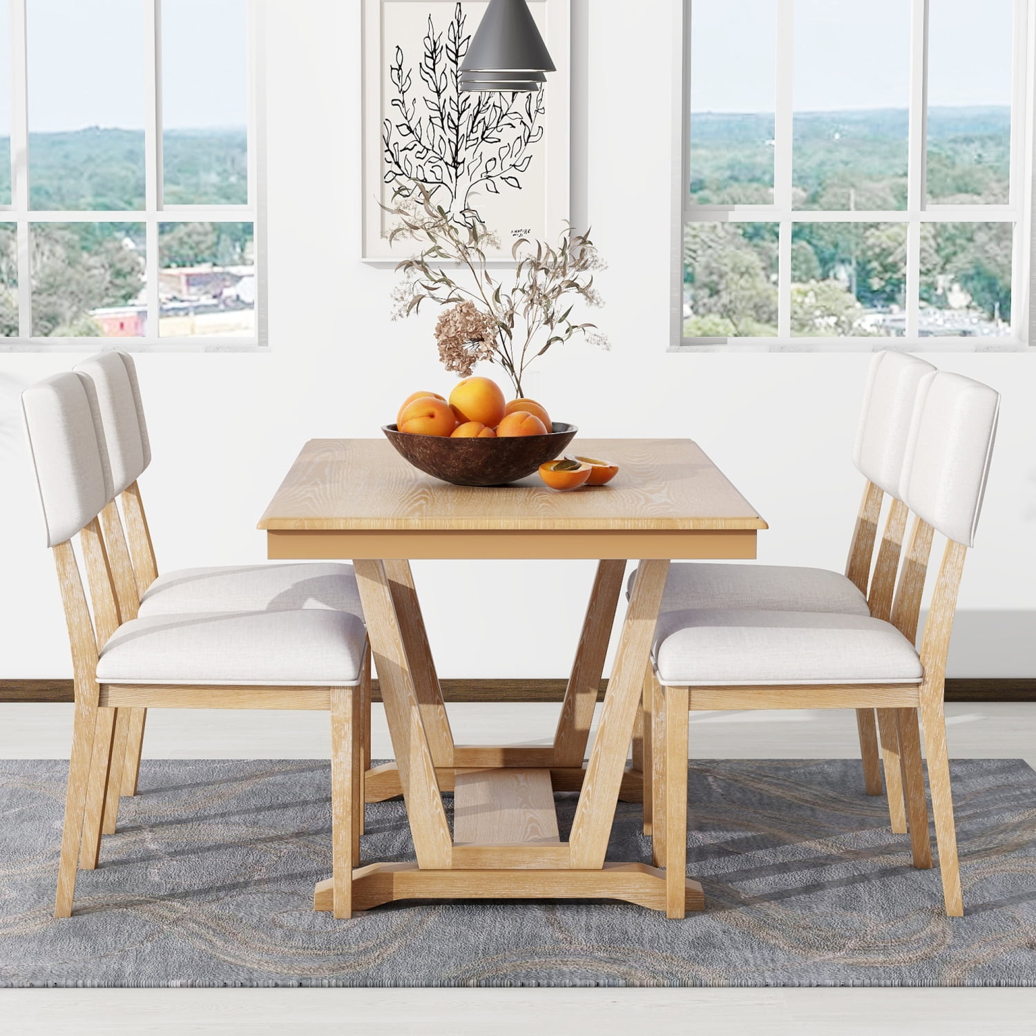 imerelez Rustic 5-piece Dining Table Set with 4 Upholstered Chairs, 59 ...