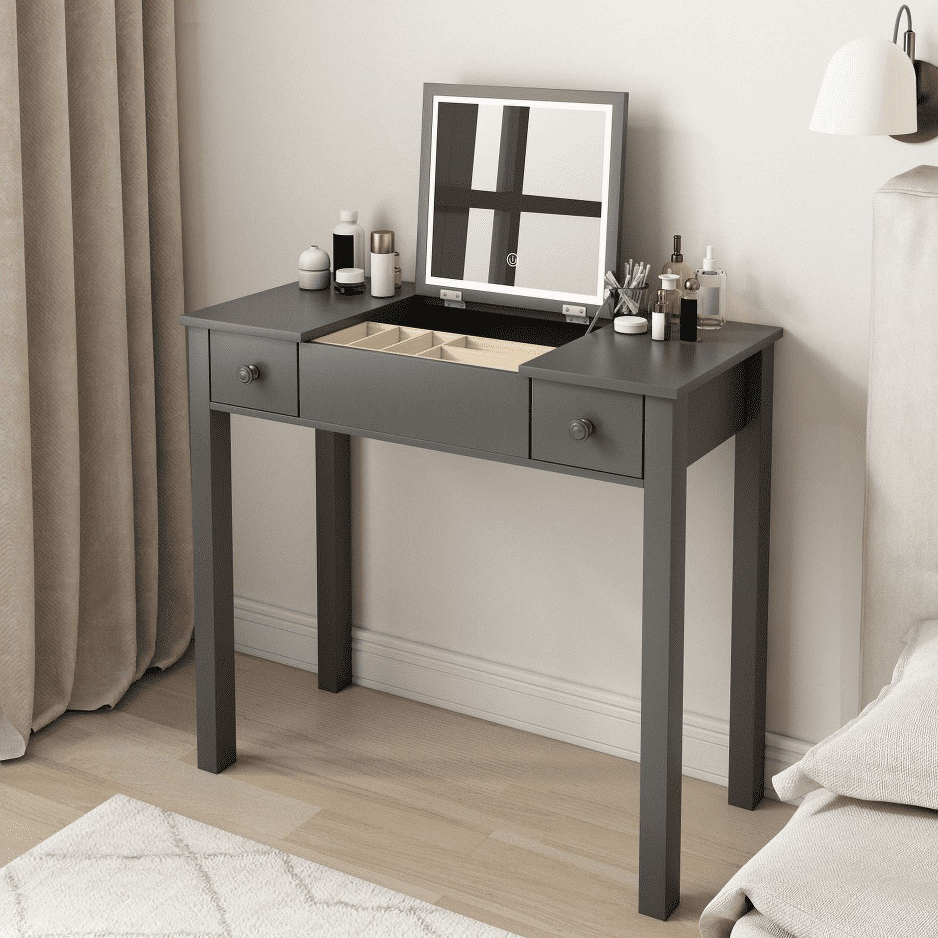 imerelez Sleek Grey Vanity Table with LED Lights, Flip-Top Mirror and 2 ...