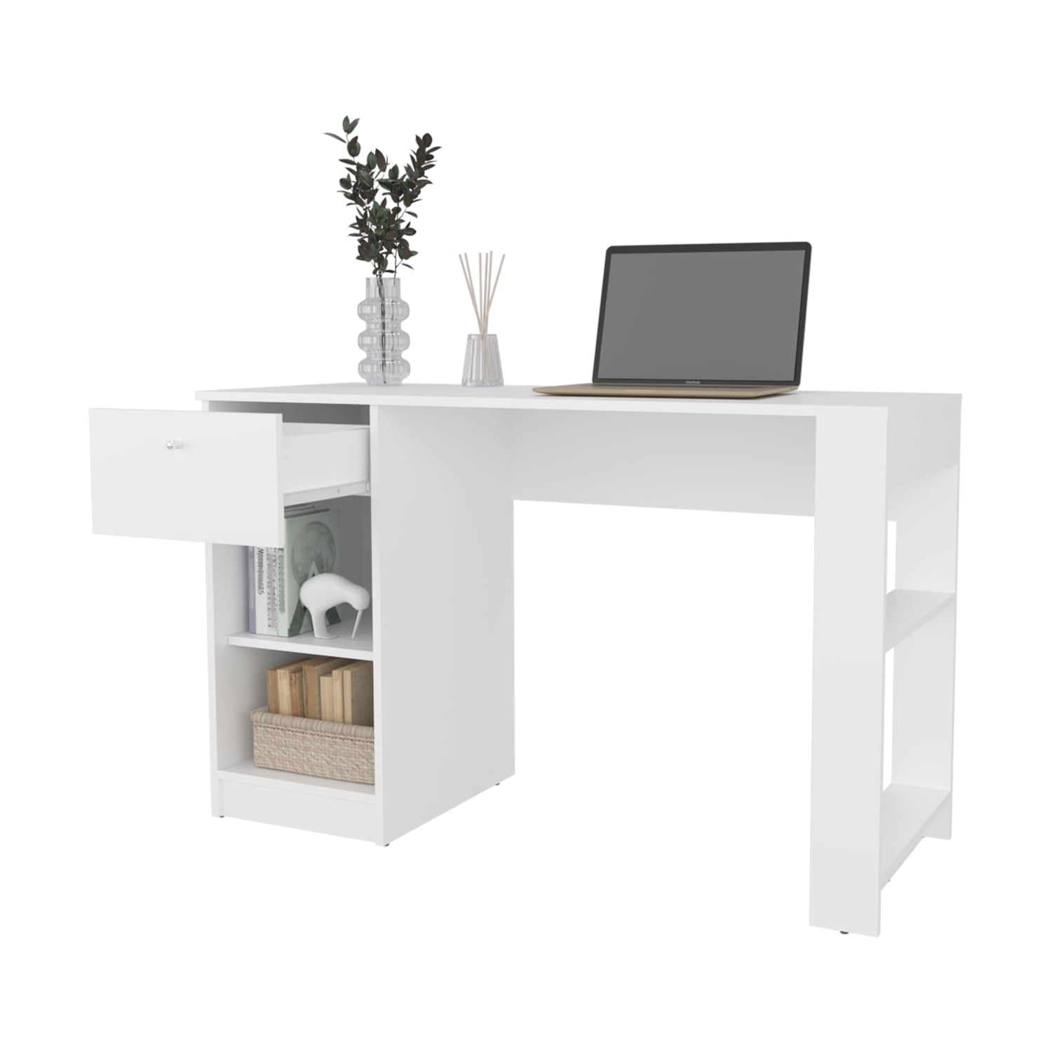 imerelez Sun City Computer Desk with a Drawer and Open Storage, White ...