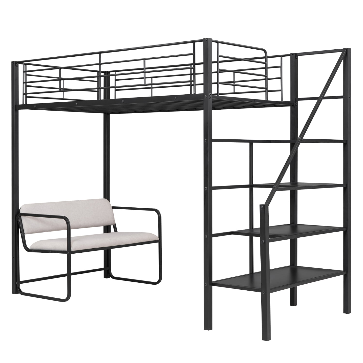 imerelez Twin Size Metal Loft Bed with Bench and Storage Staircase ...