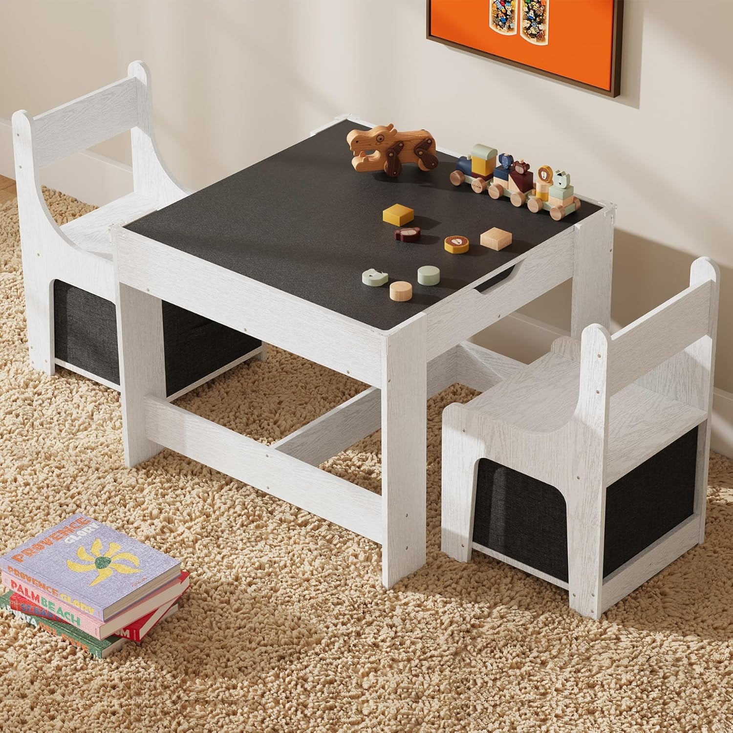 imerelez Wood Kids Table & 2 Chairs Set 3 in 1 Activity Table with ...