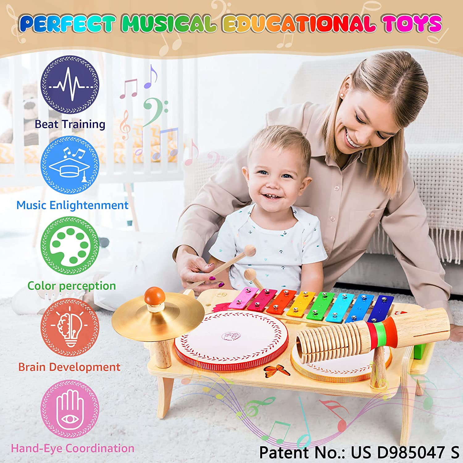 in 1 Kids Drum Set with Xylophone & Tambourine for Toddlers Musical ...