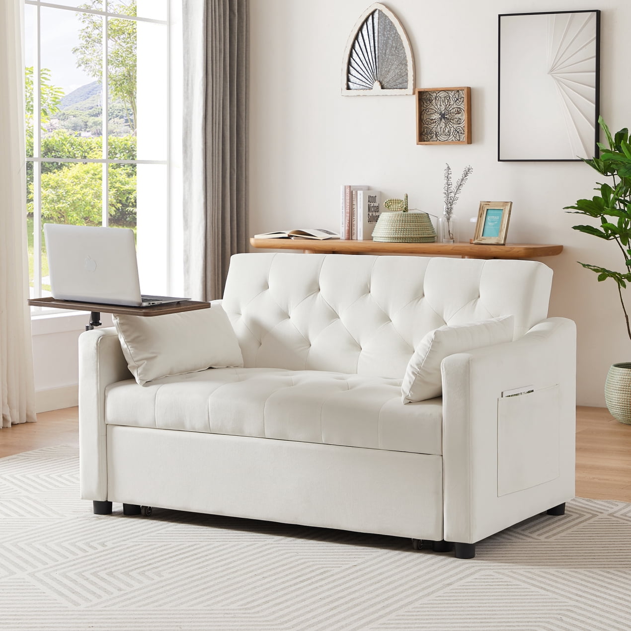 3 in-1 Pull out Sofa Bed with Small Table Board, Velvet Sofa Bed with ...