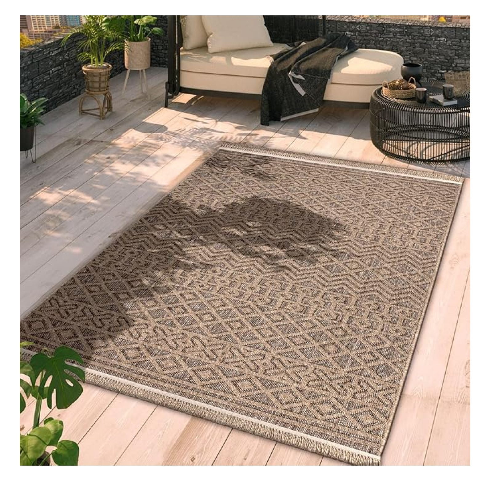 in- & Outdoor Rug Natural Look with Modern Design in Beige, Size: 5'3 ...