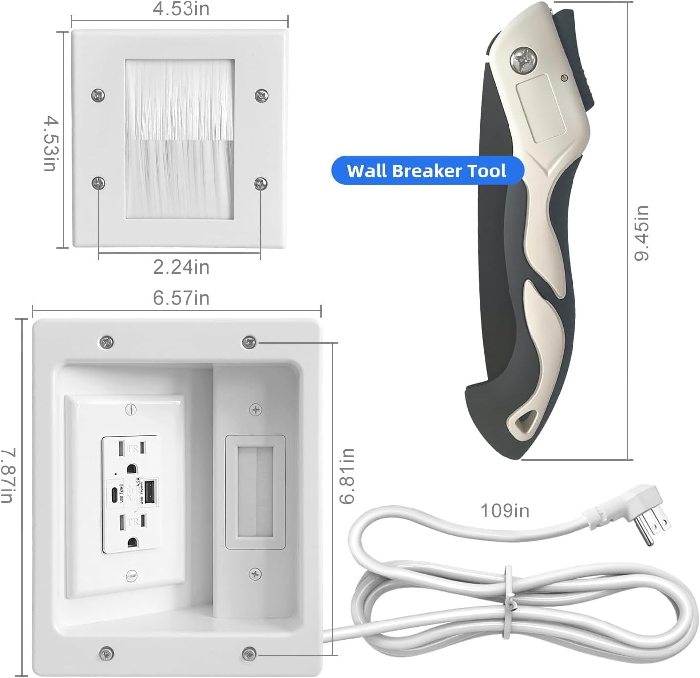 in-Wall TV Cable Management Kit with Power, Dual Outlets, USB-A & USB-C ...