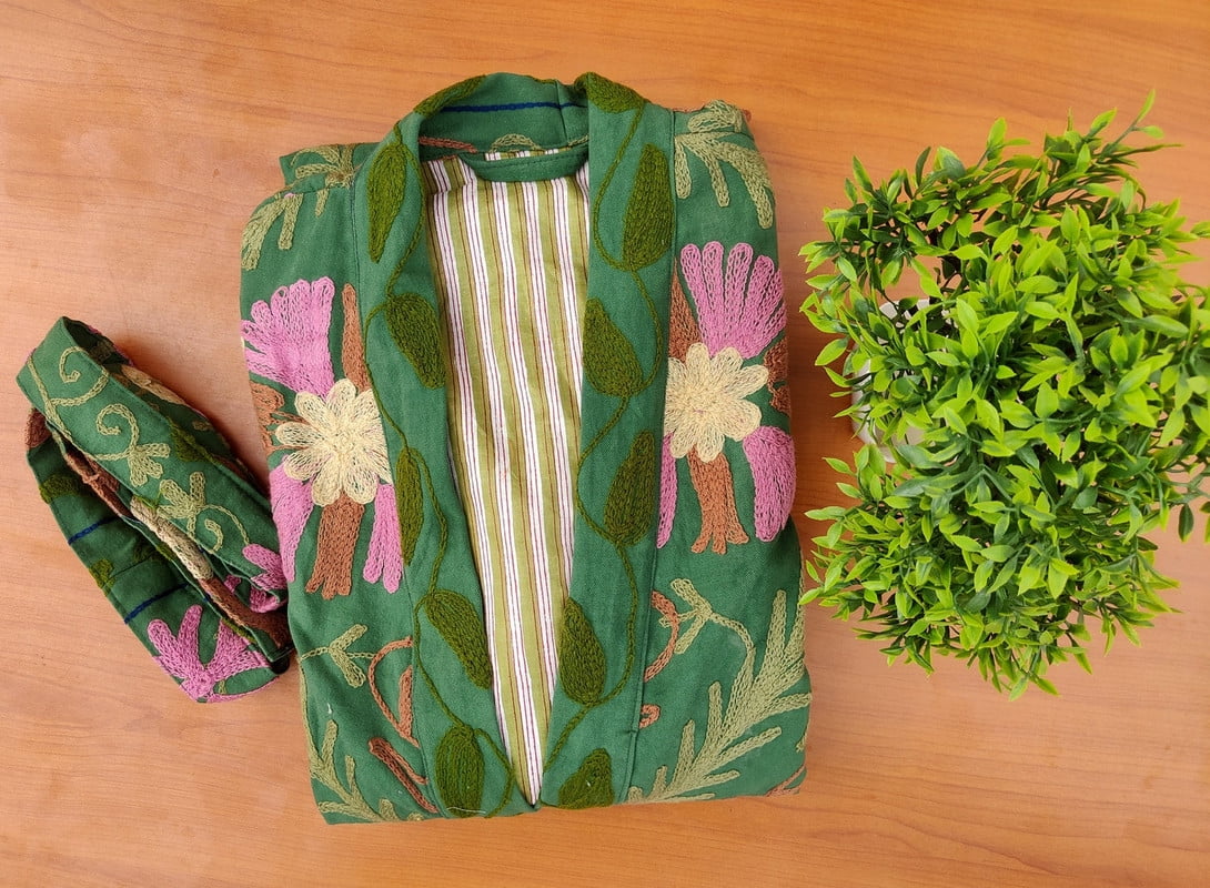 indian Hand Embroidery Robes, Cotton Suzani Kimono Robe, Winter Long ...