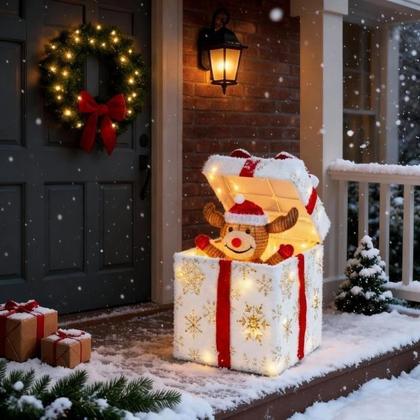 indoor christmas lights 12in Lighted Christmas Reindeer Gift Box ...