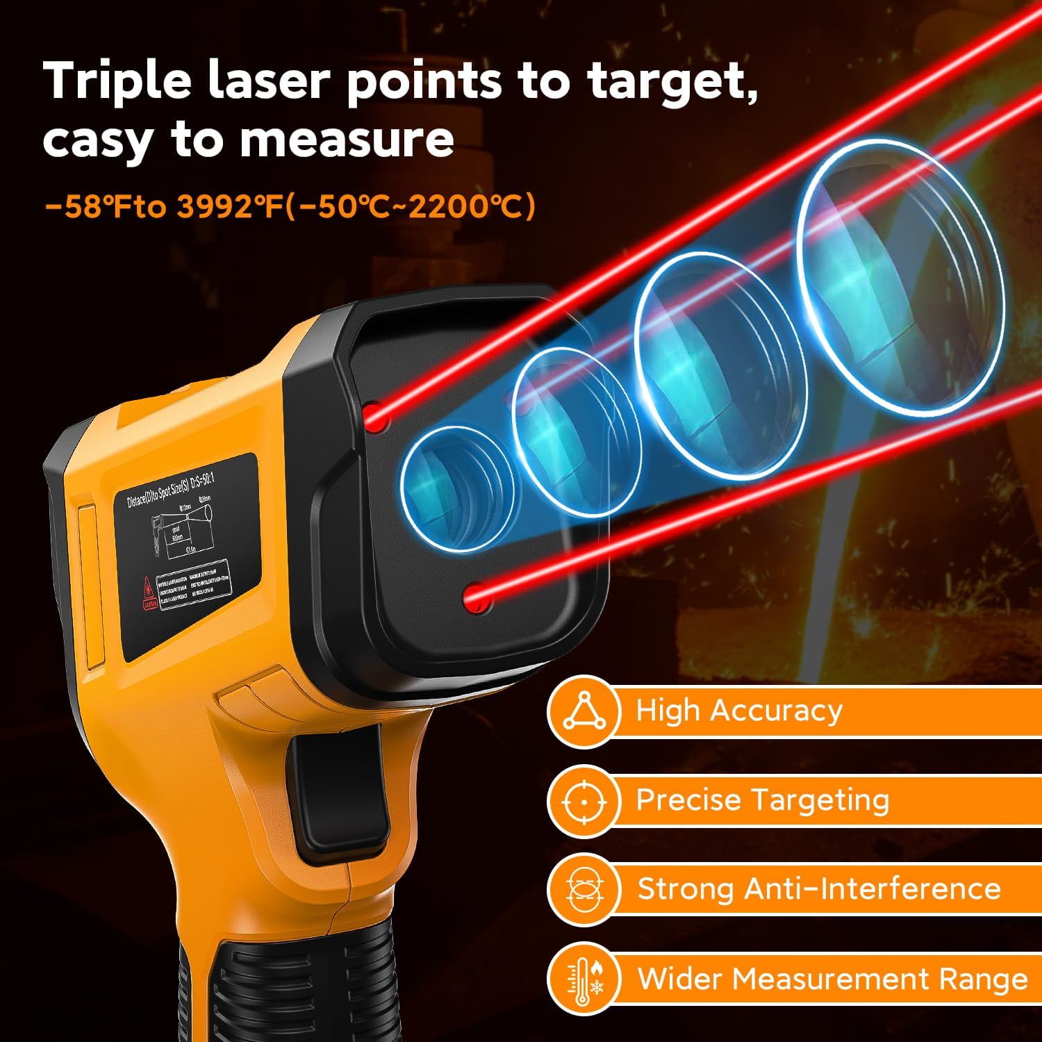 industrial infrared thermometer gun, 50:1 d:s ratio, -58°f-3992°f, triple laser, high precision ...